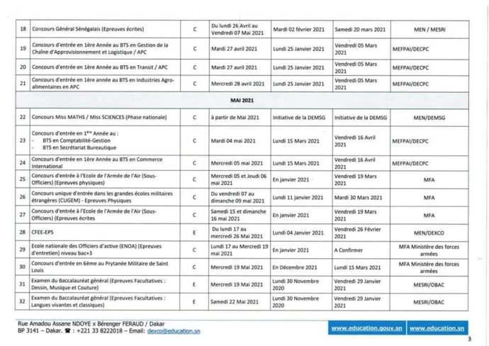 Calendrier des concours et examens de l'année 2021